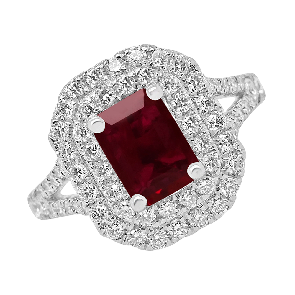 18ct White Gold Ruby Double Halo Engagement Ring – Keanes Jewellers