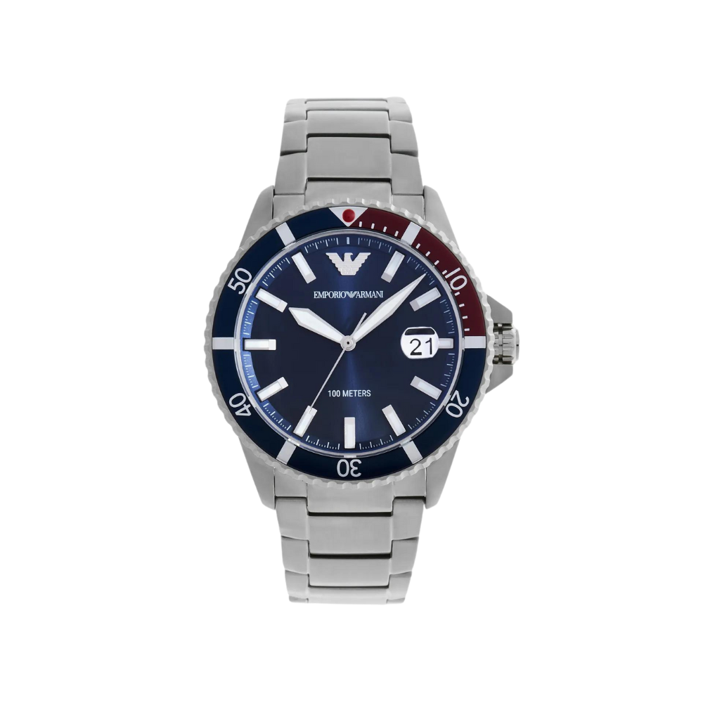 Emporio Armani Three-Hand Stainless Steel Blue Dial Watch – Keanes ...